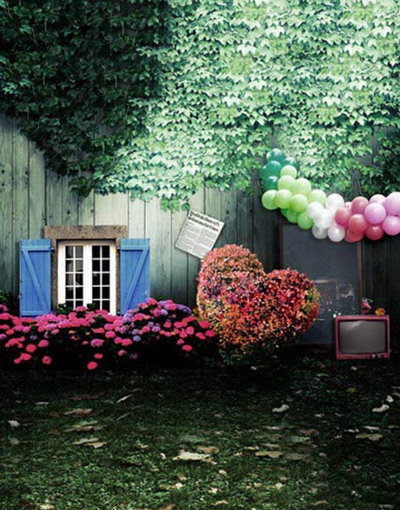 ABPHOTO Polyester Meadow Wooden Wall Flowers Heart Balloon Photography ...