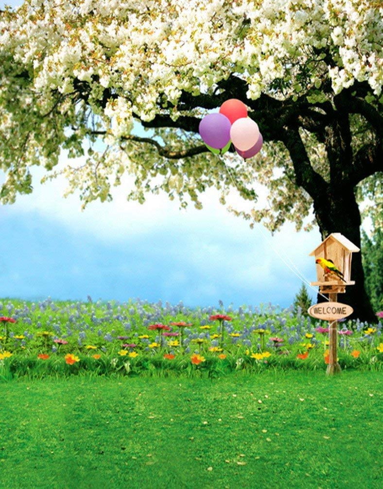 ABPHOTO Polyester Outdoor Green Grass Flower Land Field Blue Sky White ...