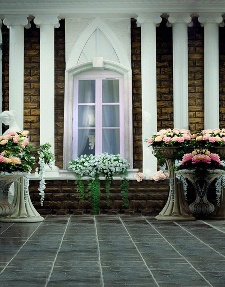 ABPHOTO Polyester Stone Floor Brick House Flowers Photography Backdrops ...