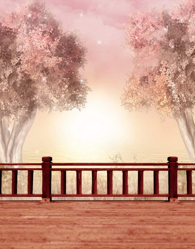 ABPHOTO Polyester Wooden Floor Fence Trees Photography Backdrops Photo ...