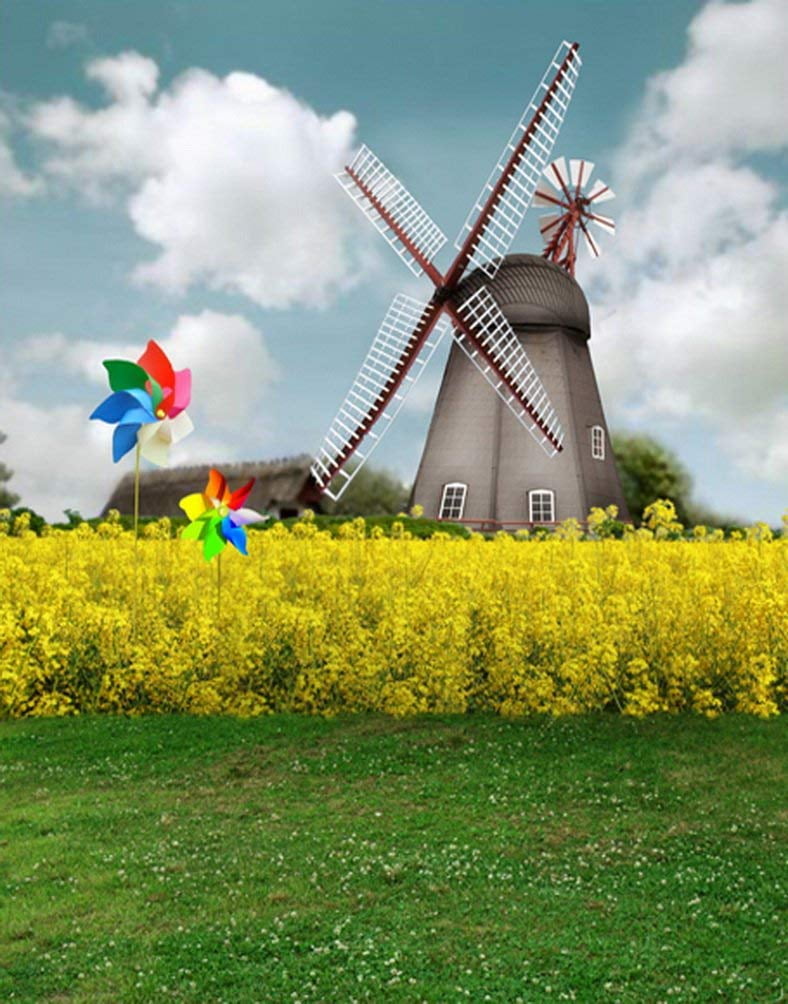 ABPHOTO Polyester Yellow Flowers Windmill Photography Backdrops Photo ...