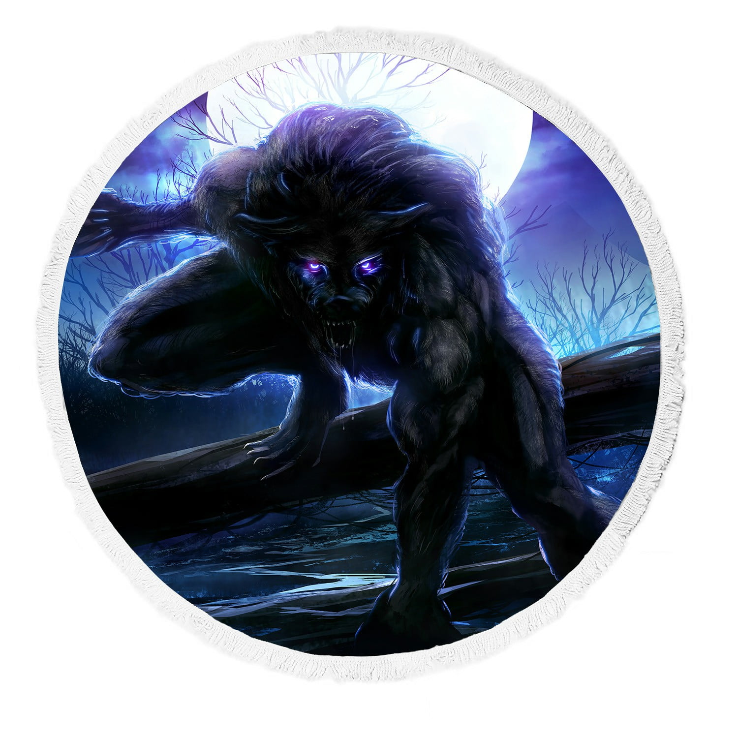 ABPHQTO Angry Werewolf Night Forest Round Beach Blanket with Tassels ...