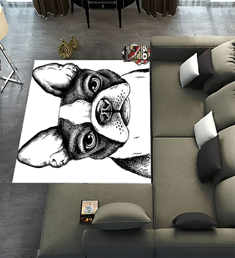 ABPHQTO Black And White Sketch Of A Fawn Boston Terrier Face Area Rugs ...