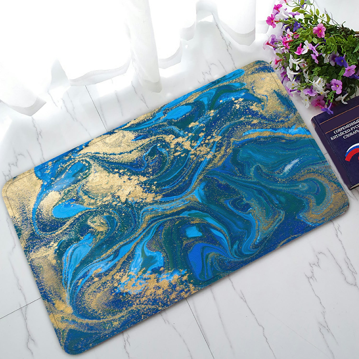 ABPHQTO Blue And Gold Liquid Texture Doormat Entrance Rug Area Rug ...