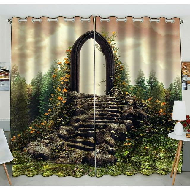 ABPHQTO Fantasy Door Stairs Flowering Meadow Forest Window Curtain ...
