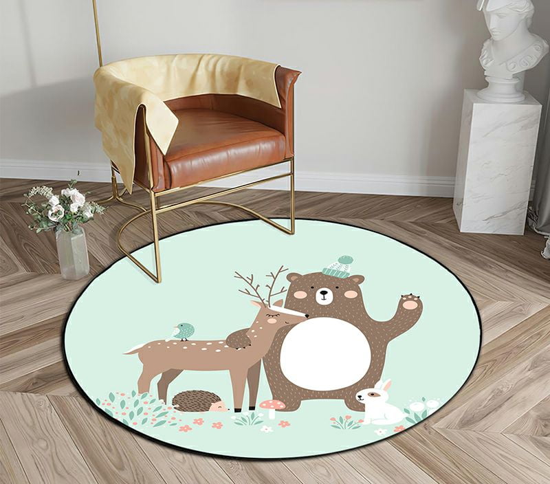 ABPHQTO Forest Animals Deer Bear Rabbit Hedgehog Bird Round Area Rugs ...