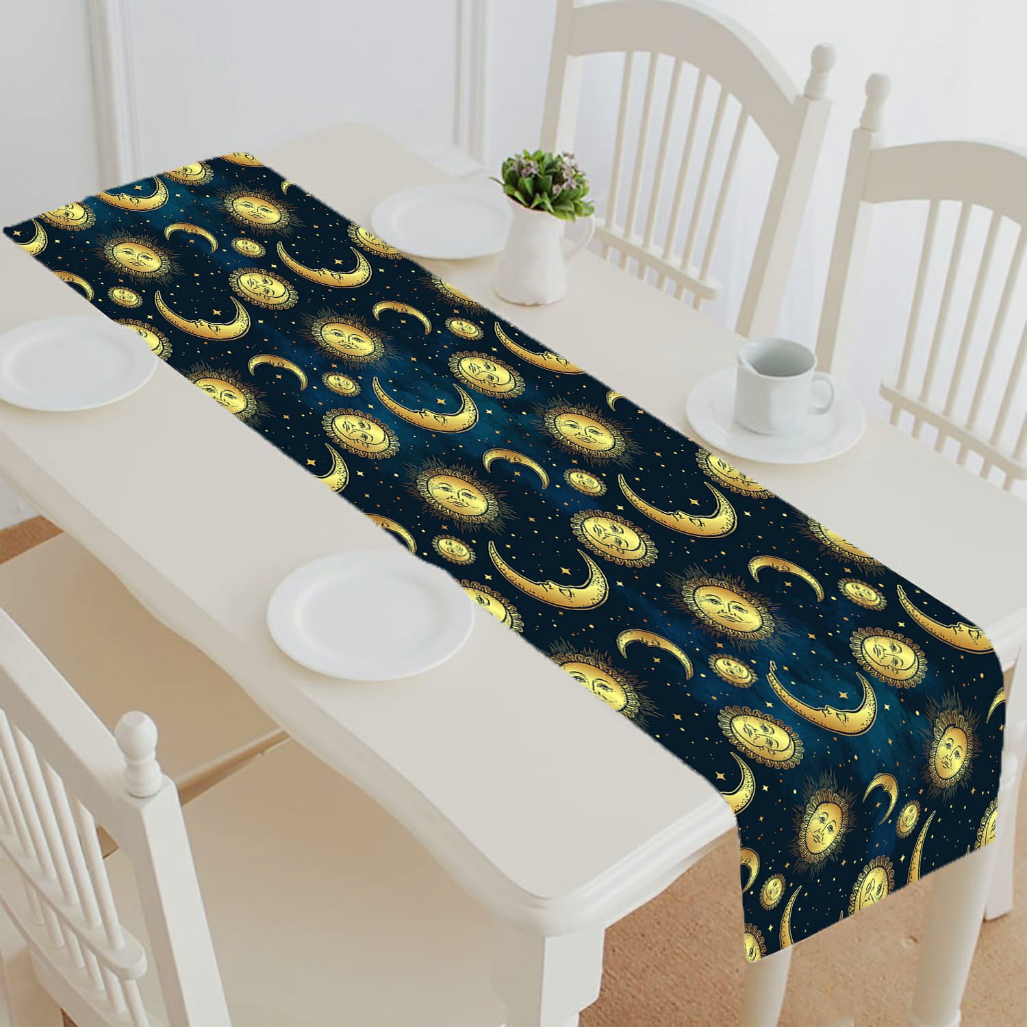 ABPHQTO Gold Celestial Bodies Moon Sun Stars Blue Night Sky Table ...