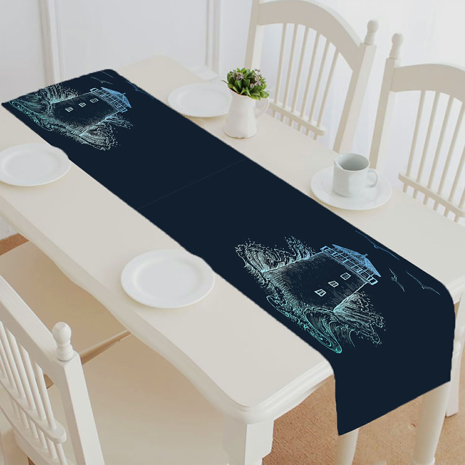 ABPHQTO Lighthouse Storm Ink Engraving Nautical Theme Table Runner ...