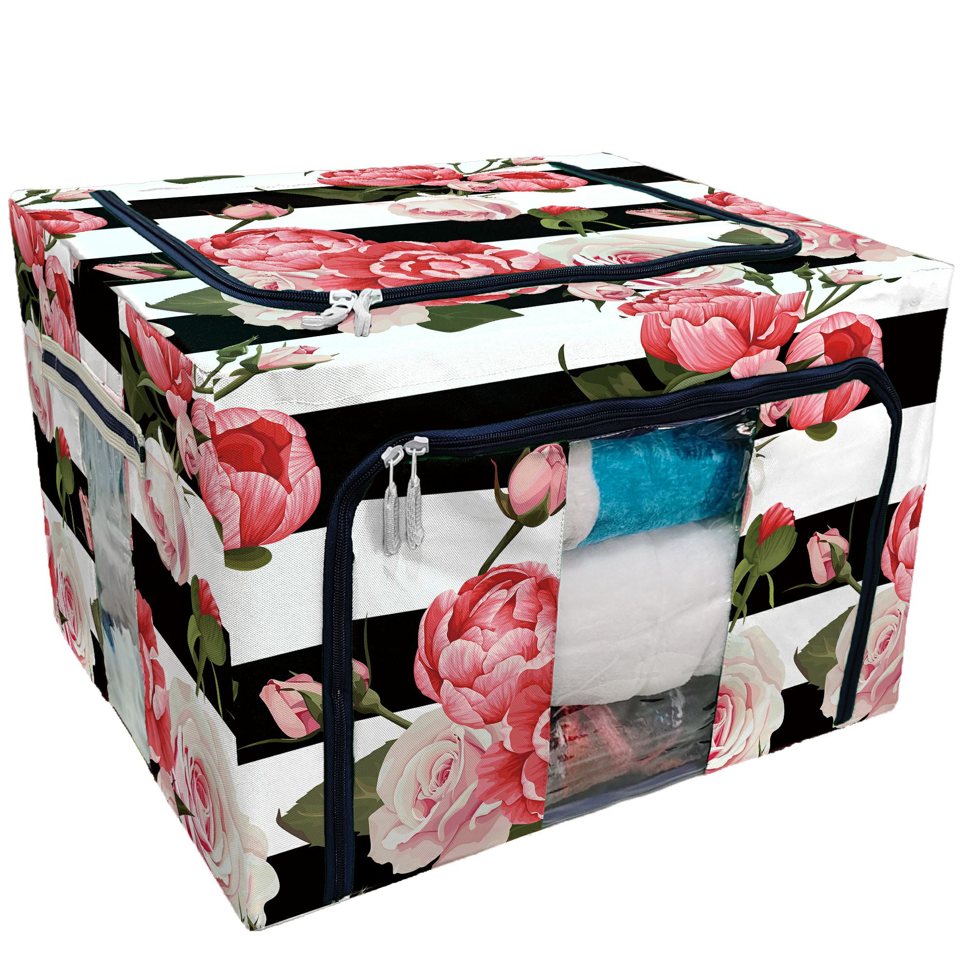 ABPHQTO Peony And Roses Black White Stripes Flower Storage Bag Clear ...