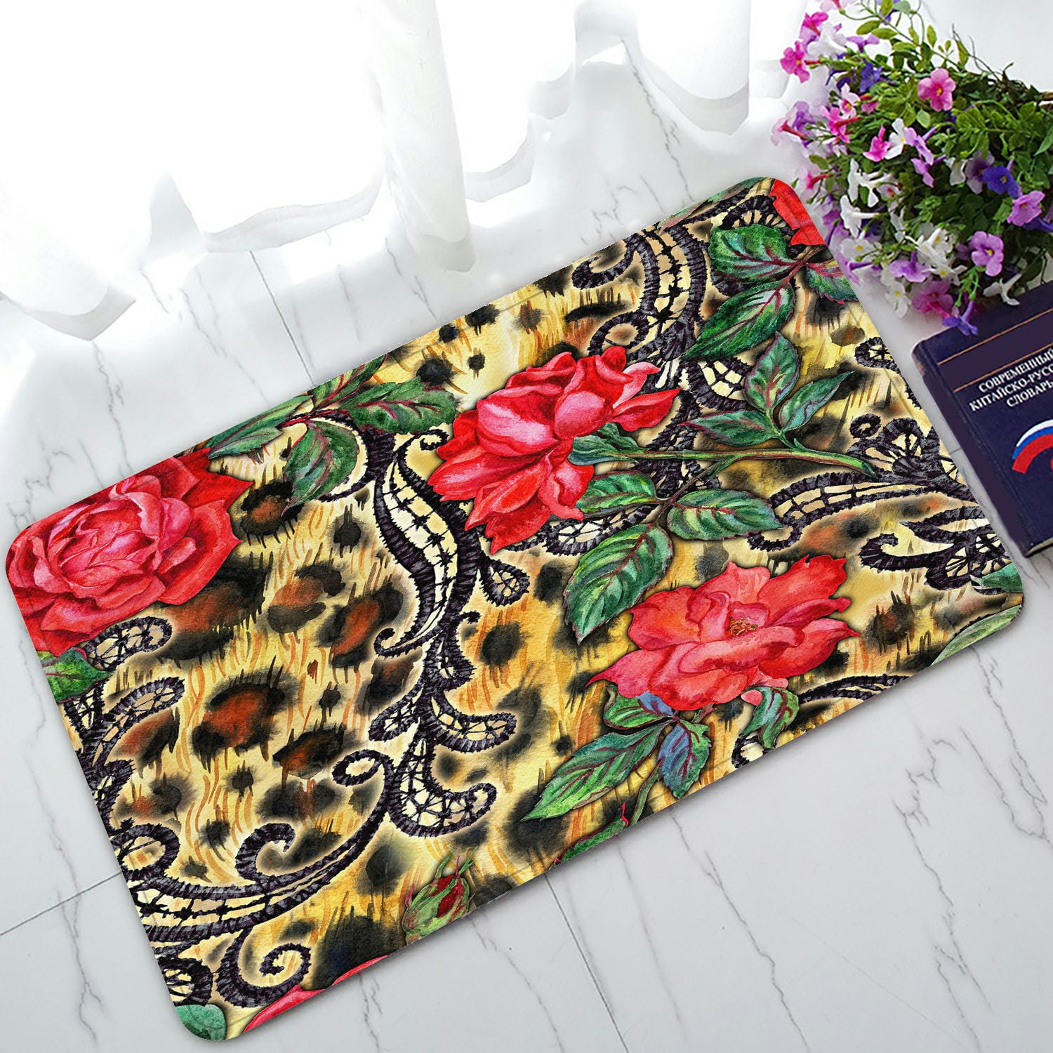 ABPHQTO Red Roses Laces On A Leopard Doormat Entrance Rug Area Rug ...