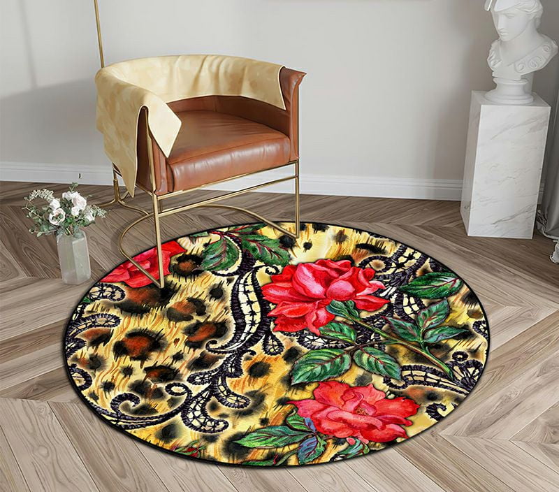 ABPHQTO Red Roses Laces On A Leopard Round Area Rugs Diameter 3.3 x 3 ...
