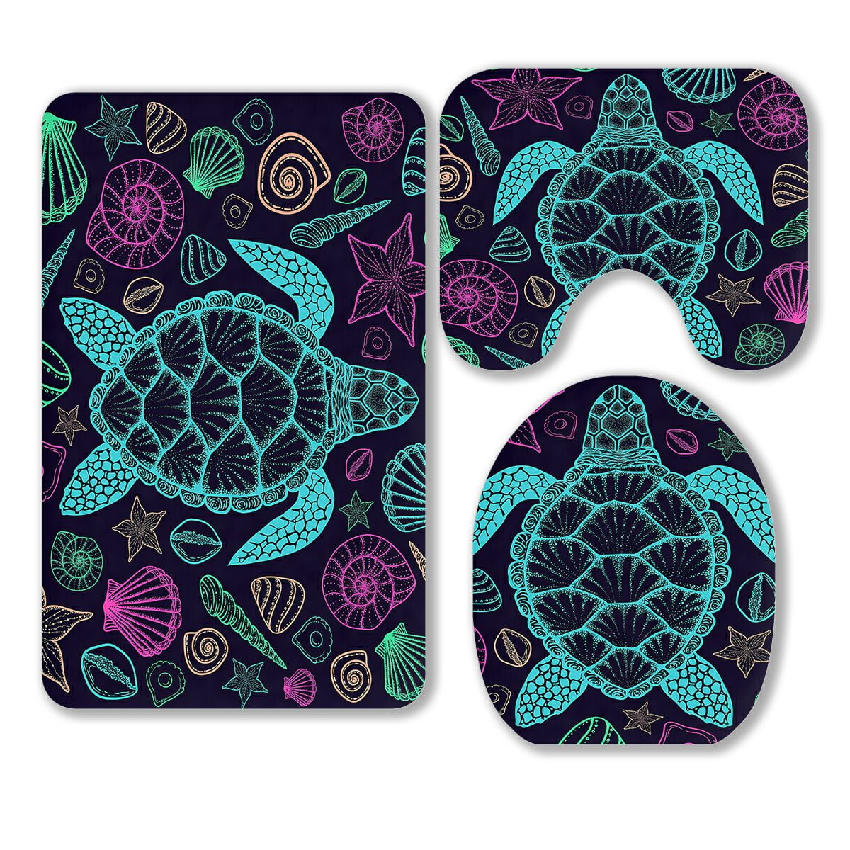 ABPHQTO Sea Turtle Shells In Line Art Style 3 Piece Bathroom Rugs Set ...