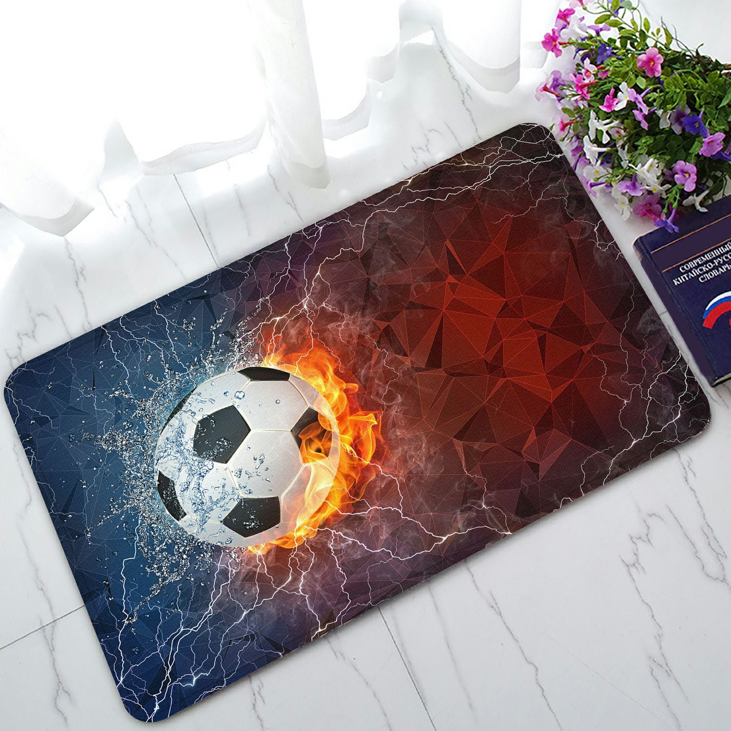 ABPHQTO Soccer Ball Fire Water Lightening Around Polygonal Doormat ...