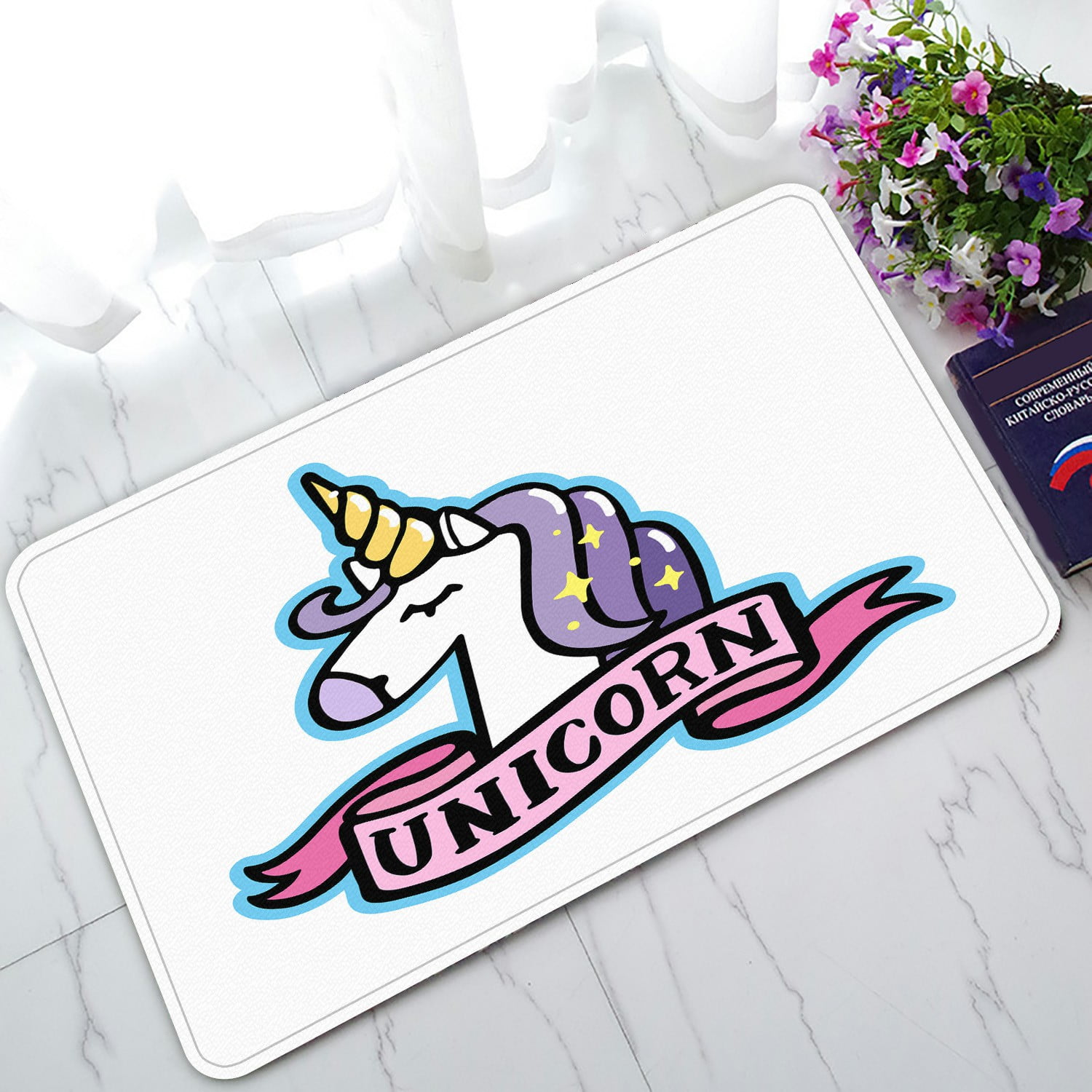 ABPHQTO Unicorn With Pink Ribbon On A White Doormat Entrance Rug Area ...