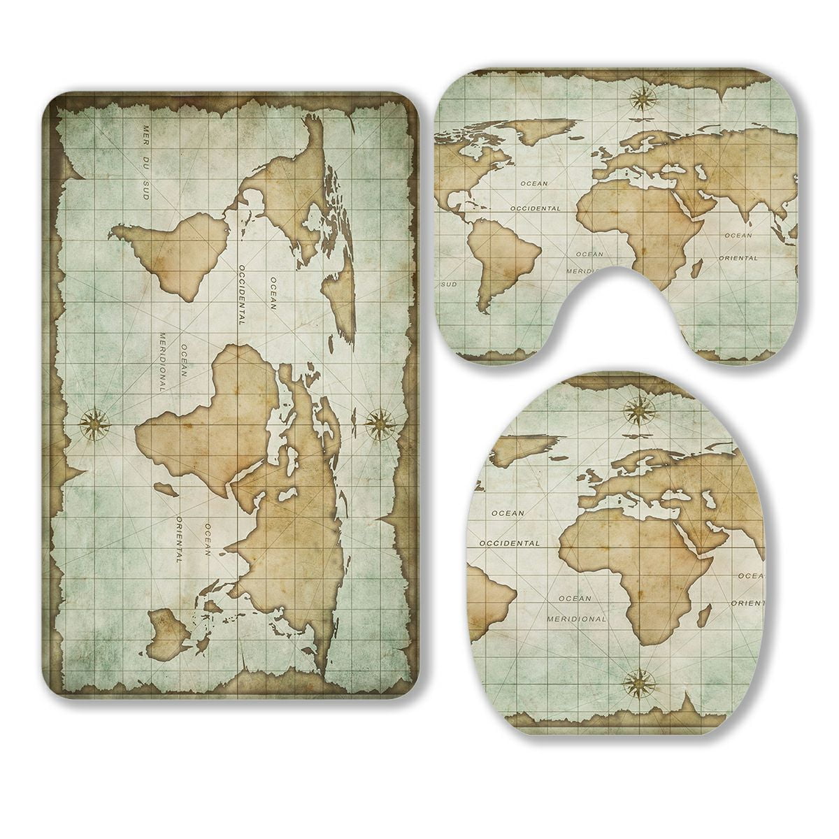 ABPHQTO Vintage Old World Map 3 Piece Bathroom Rugs Set Bath Rug ...