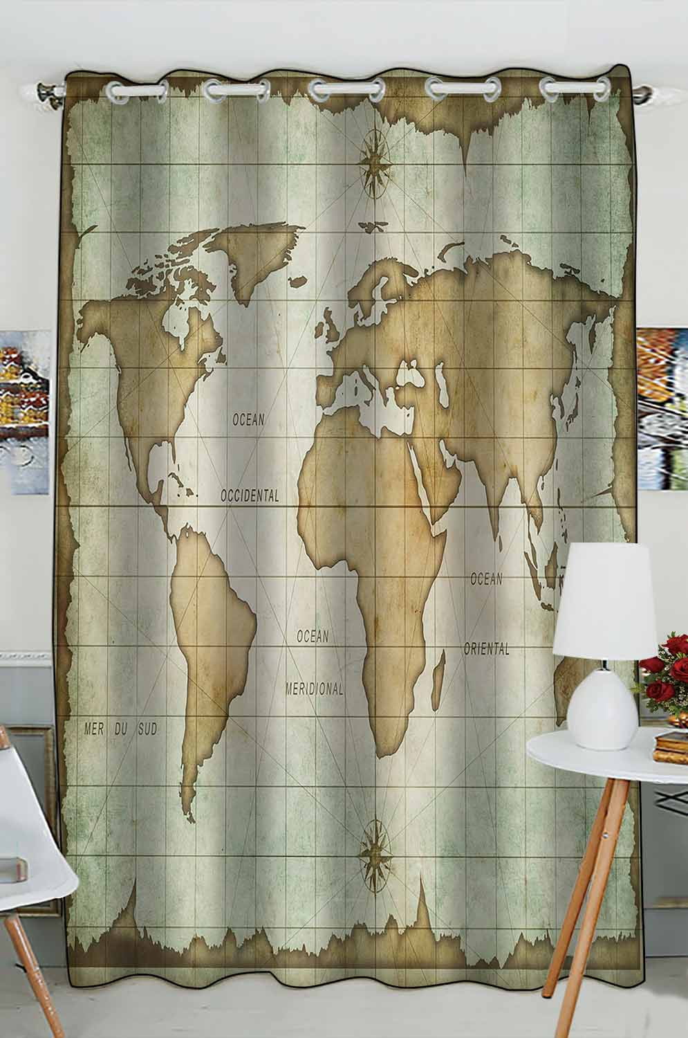 ABPHQTO Vintage Old World Map Grommet Blackout Curtain Room Darkening ...