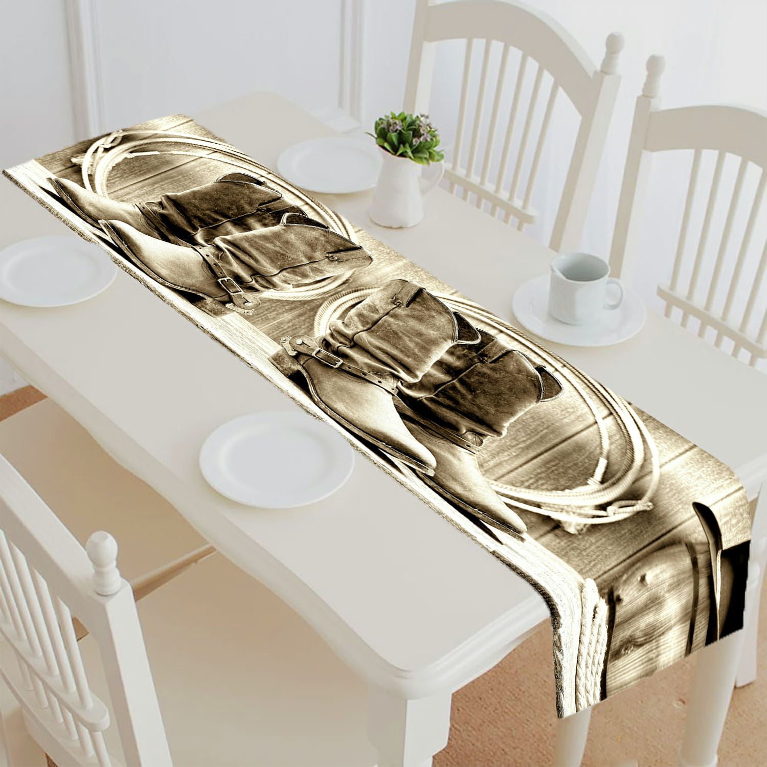 ABPHQTO West Cowboy Leather Rancher Boots Spurs Wood Barn Table Runner ...