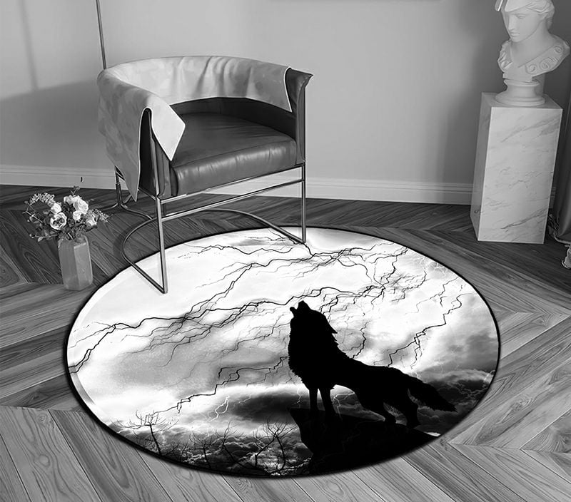 ABPHQTO Wolf In Silhouette Howling To Thunderstorm Round Area Rugs ...