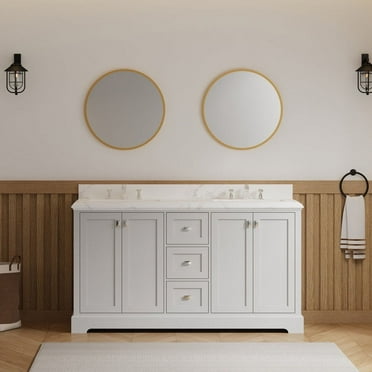 Aria 60" Double Bathroom Vanity with Powder Blue Cabinet and Carrara ...