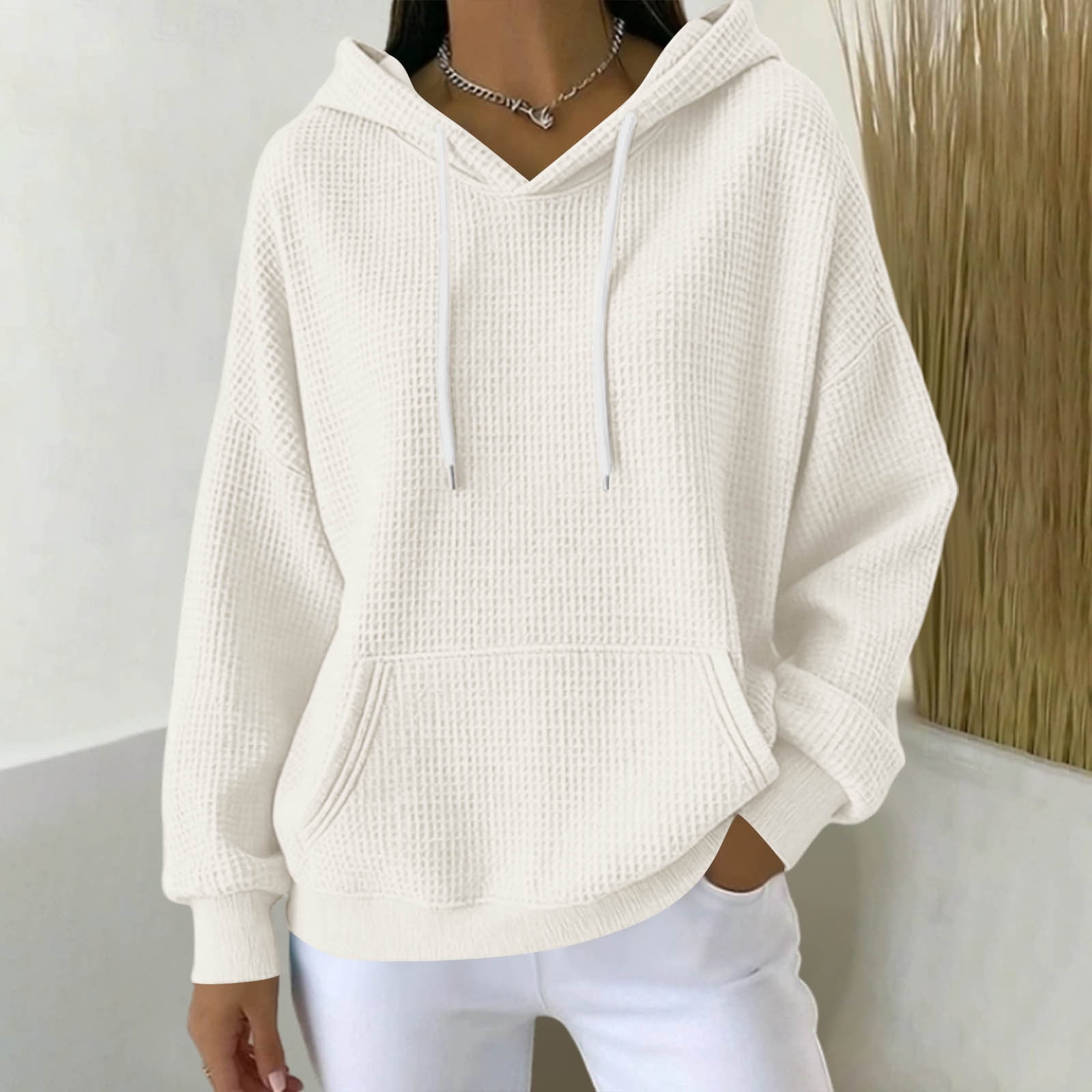 ABSUYY Womens Oversized Loungewear Pullover Hoodie, V-Neck Waffle Knit ...