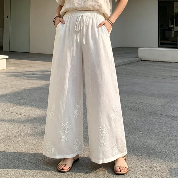 ABSUYY Womens White Linen Cotton Wide Leg Pants Elastic High Waisted ...