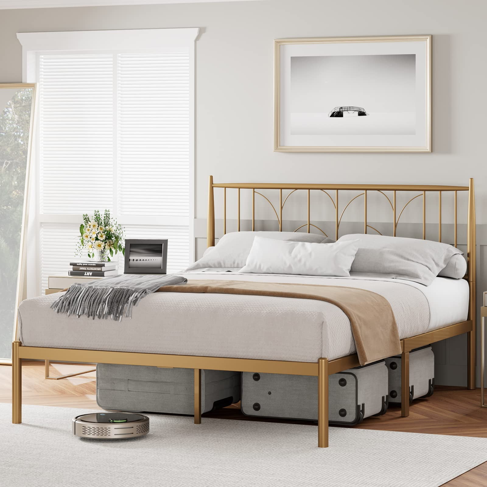 ABUKY Full Bed Frame, Gold Metal Full Size Platform Bed Frame with ...