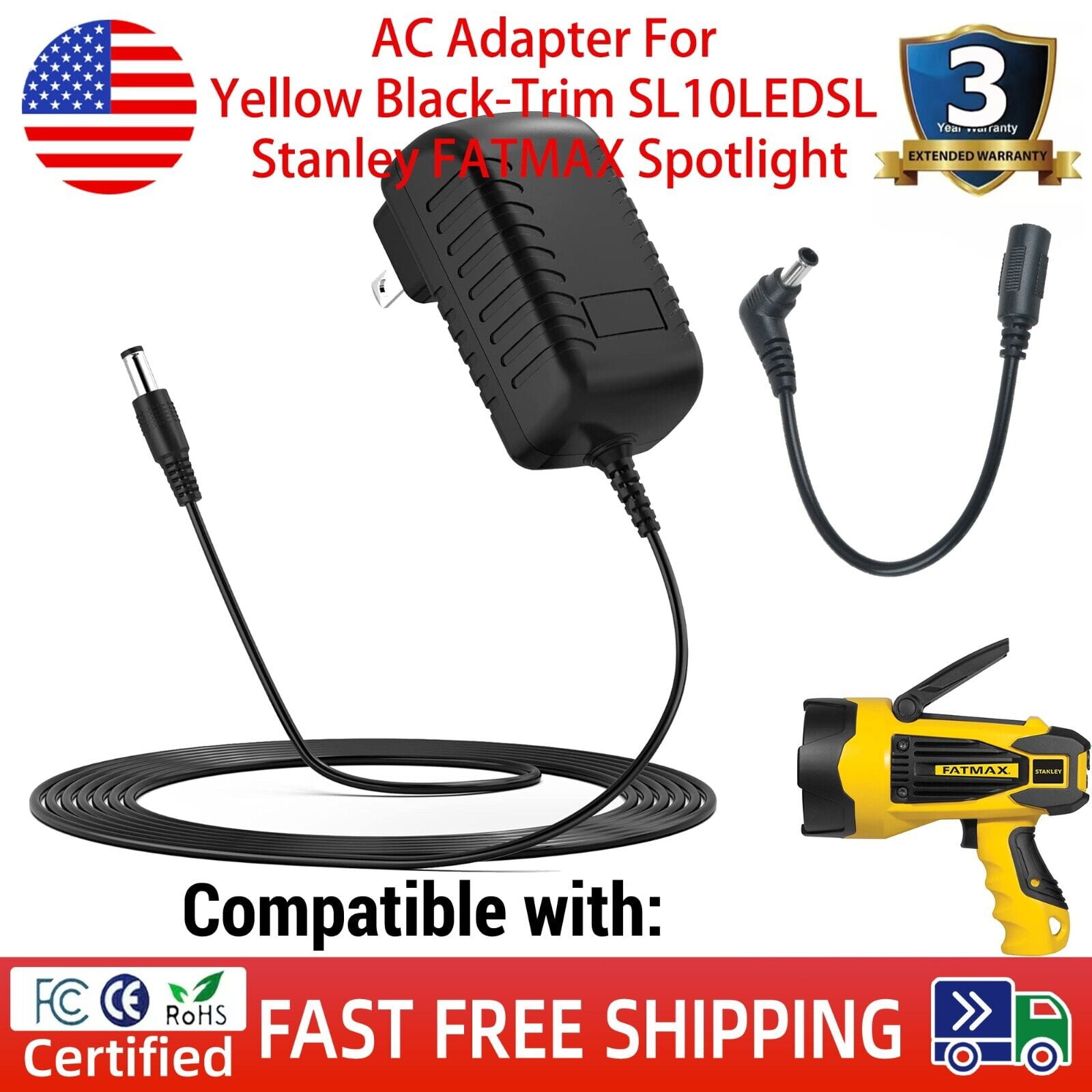 AC Adapter For Yellow Black-Trim SL10LEDSL Stanley FATMAX Spotlight ...
