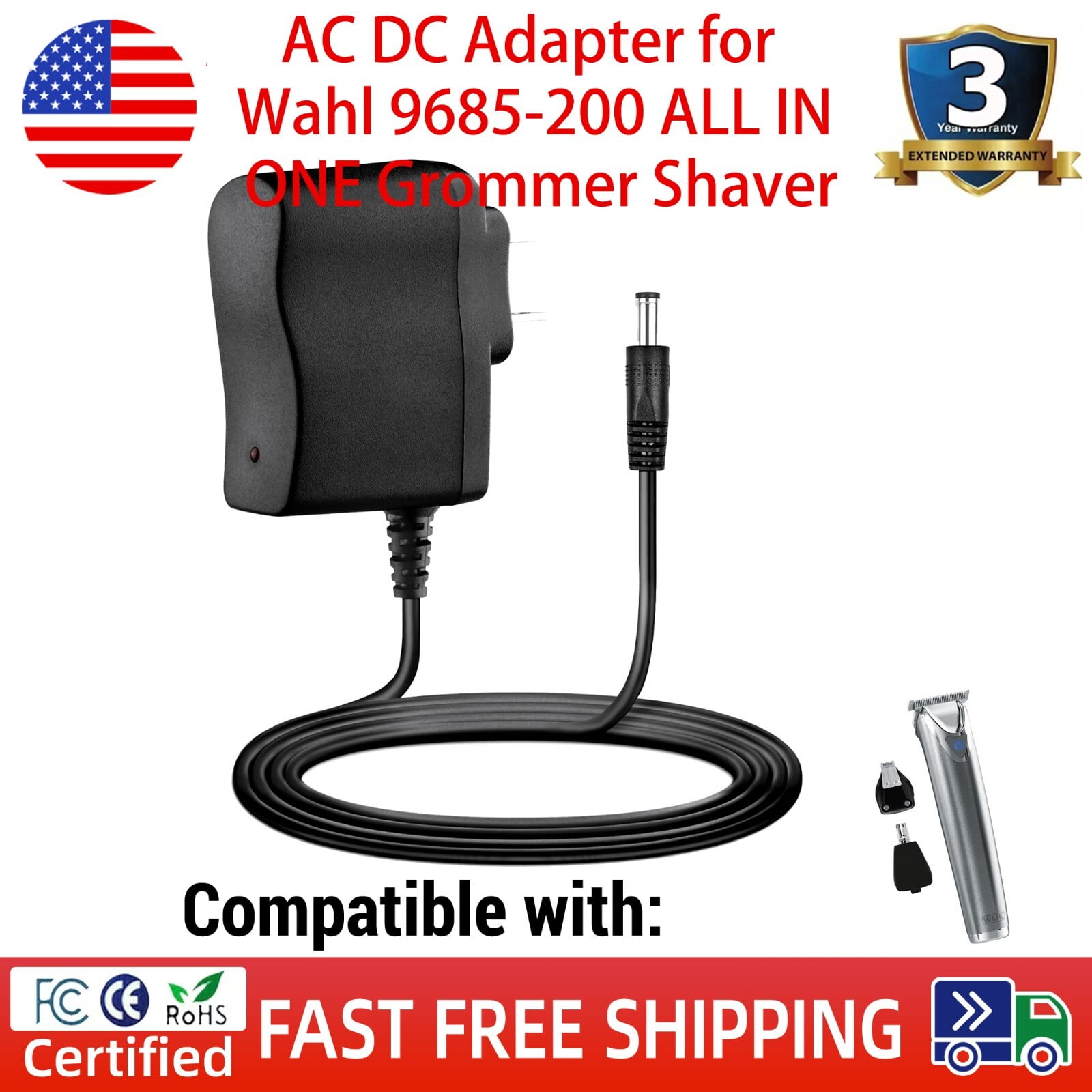 AC DC Adapter for Wahl 9685-200 ALL IN ONE Grommer Shaver Power Supply ...