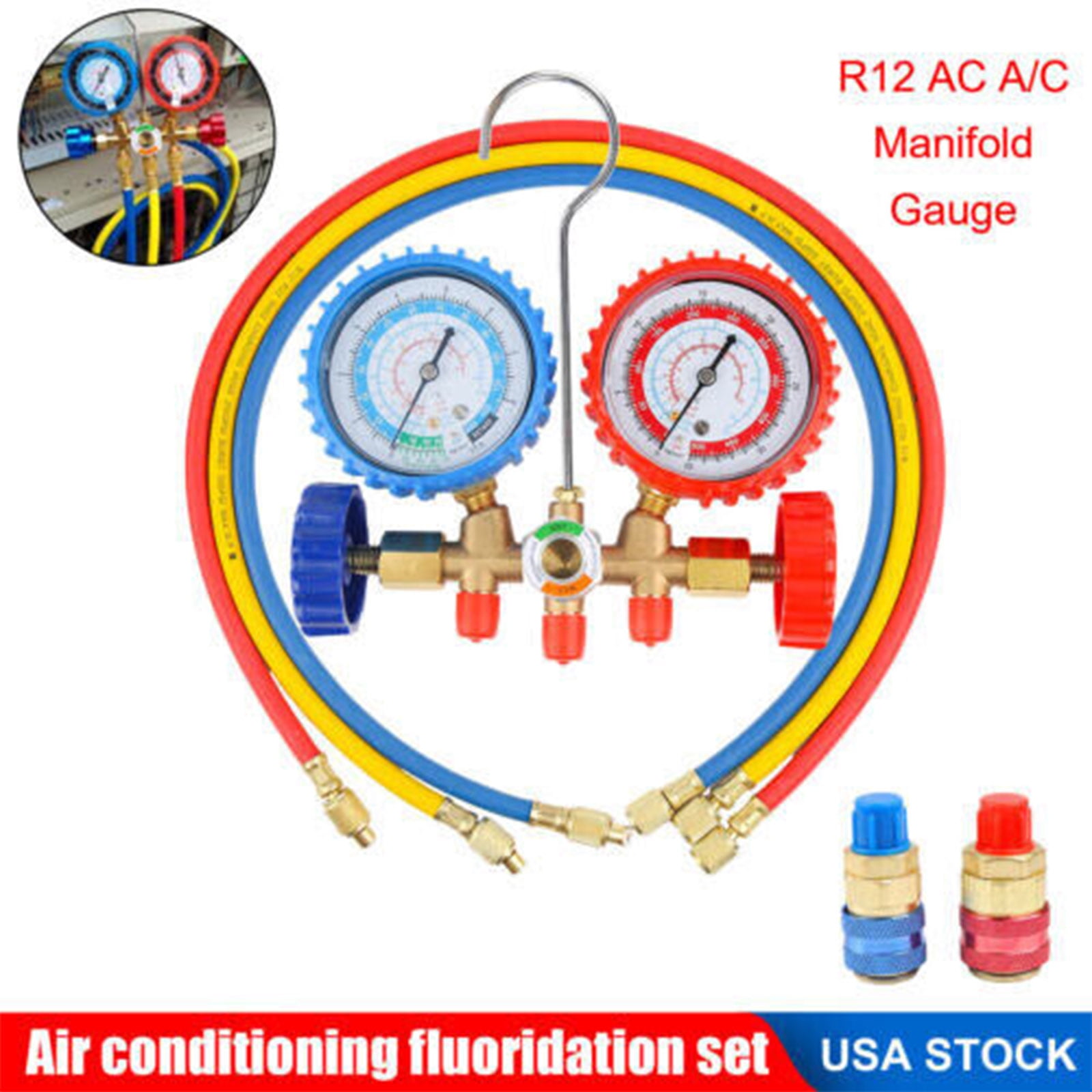 AC Manifold Gauge Set A/C Refrigeration 3FT Color Hose fit R502 R134a ...