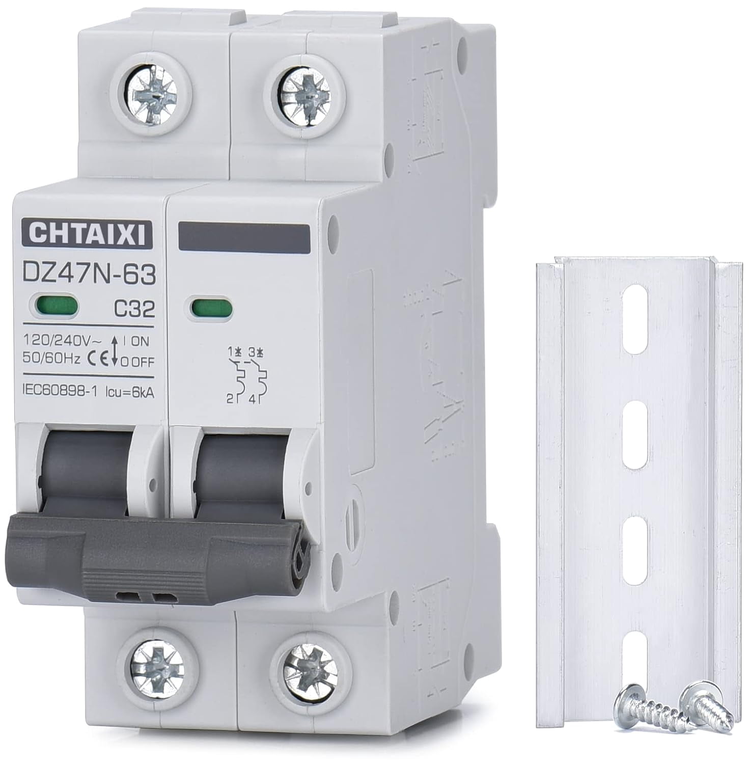 AC Miniature Circuit Breaker, 32 Amp 120V/240V 2 Pole DIN Rail Mount ...