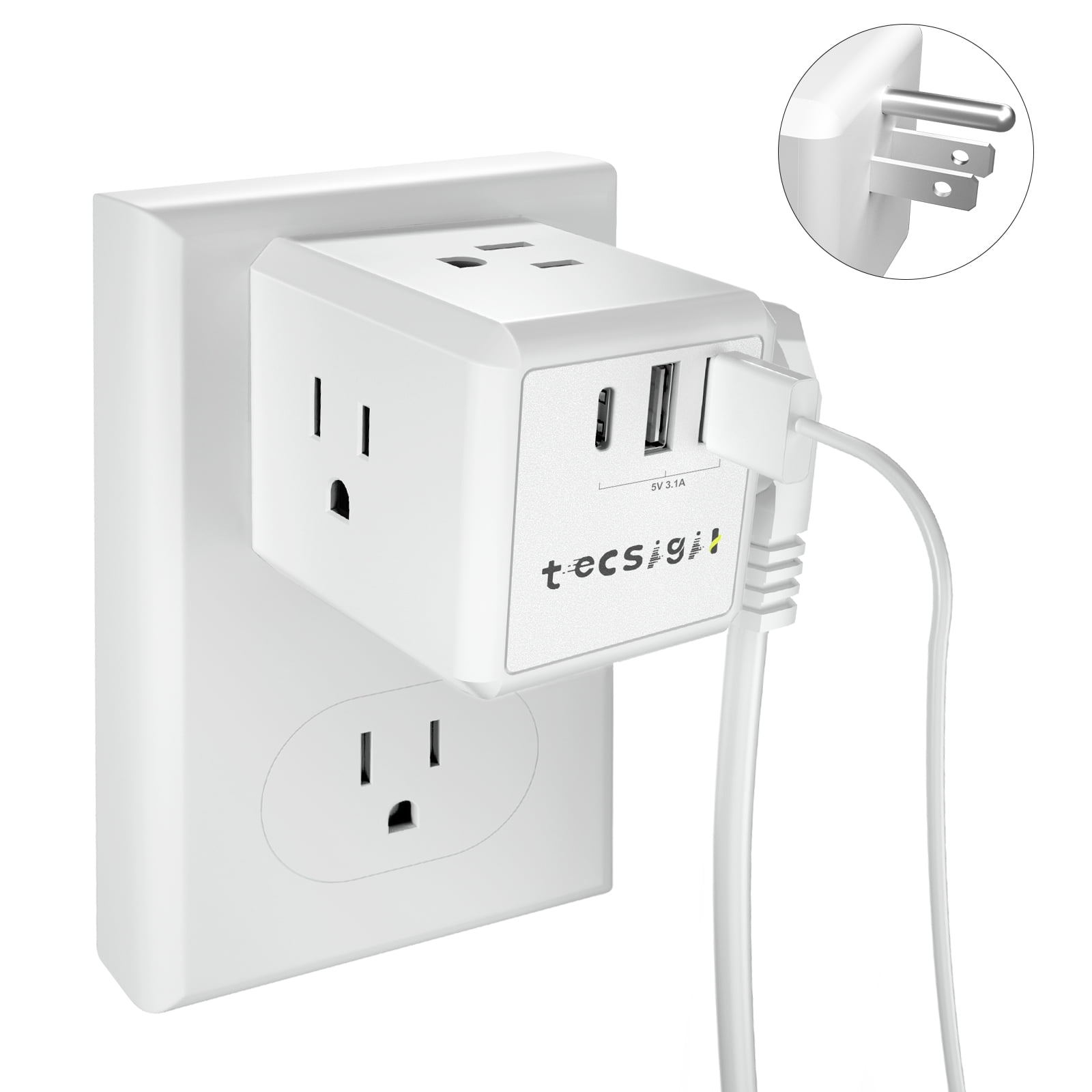 AC Power Outlet, TECSIGIL Outlet Extender, 3 AC outlet 2 USB and Type C ...