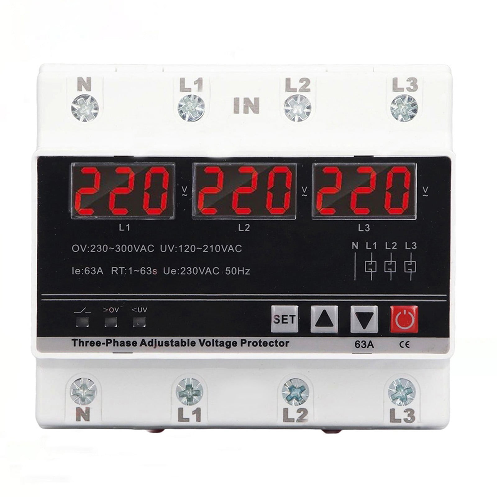 Ac Power Protector 230V 63A 3-Phase Adjustable Surge Protector Din Rail ...