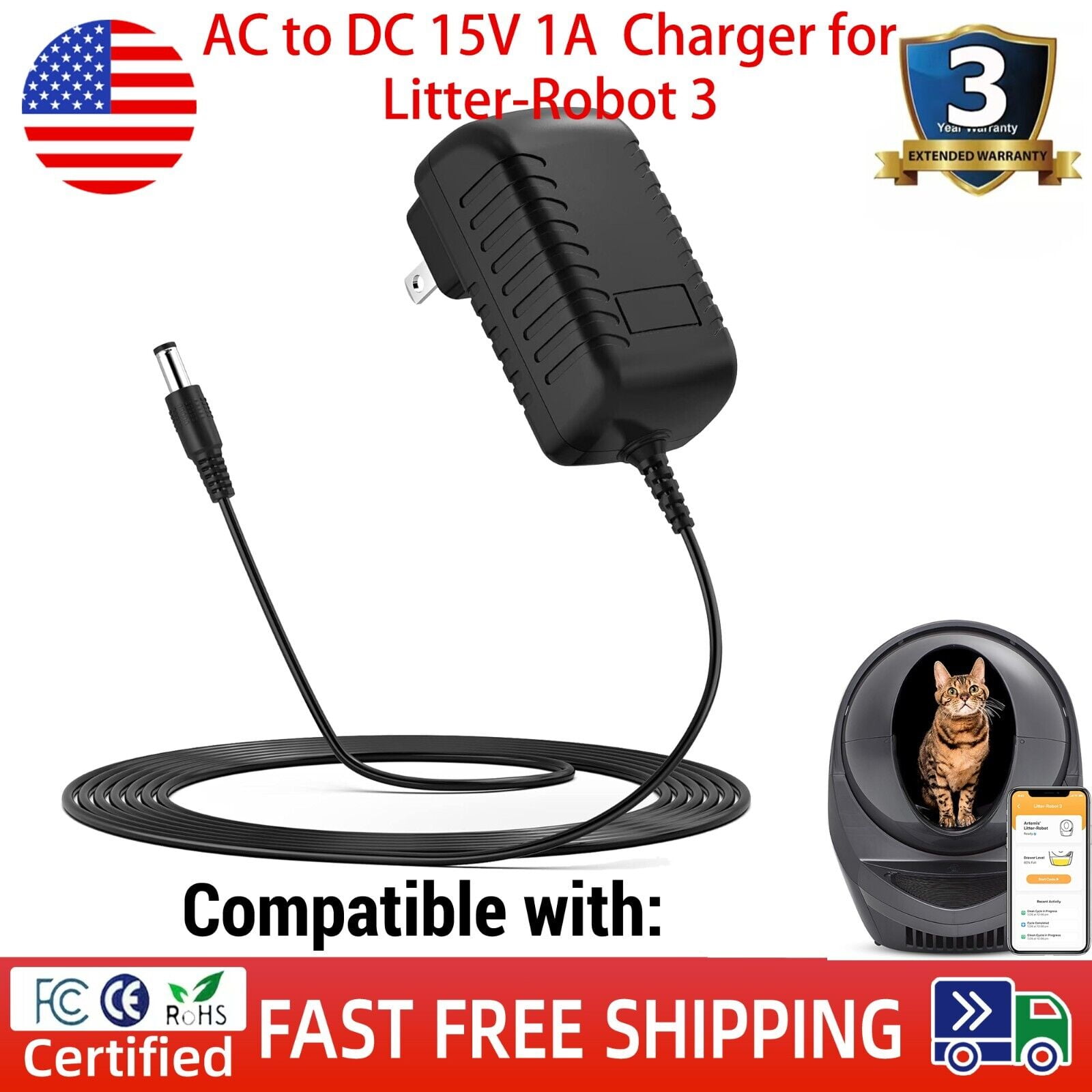 AC to DC 15V 1A Charger for Litter-Robot 3,Litter Robot Power Supply ...