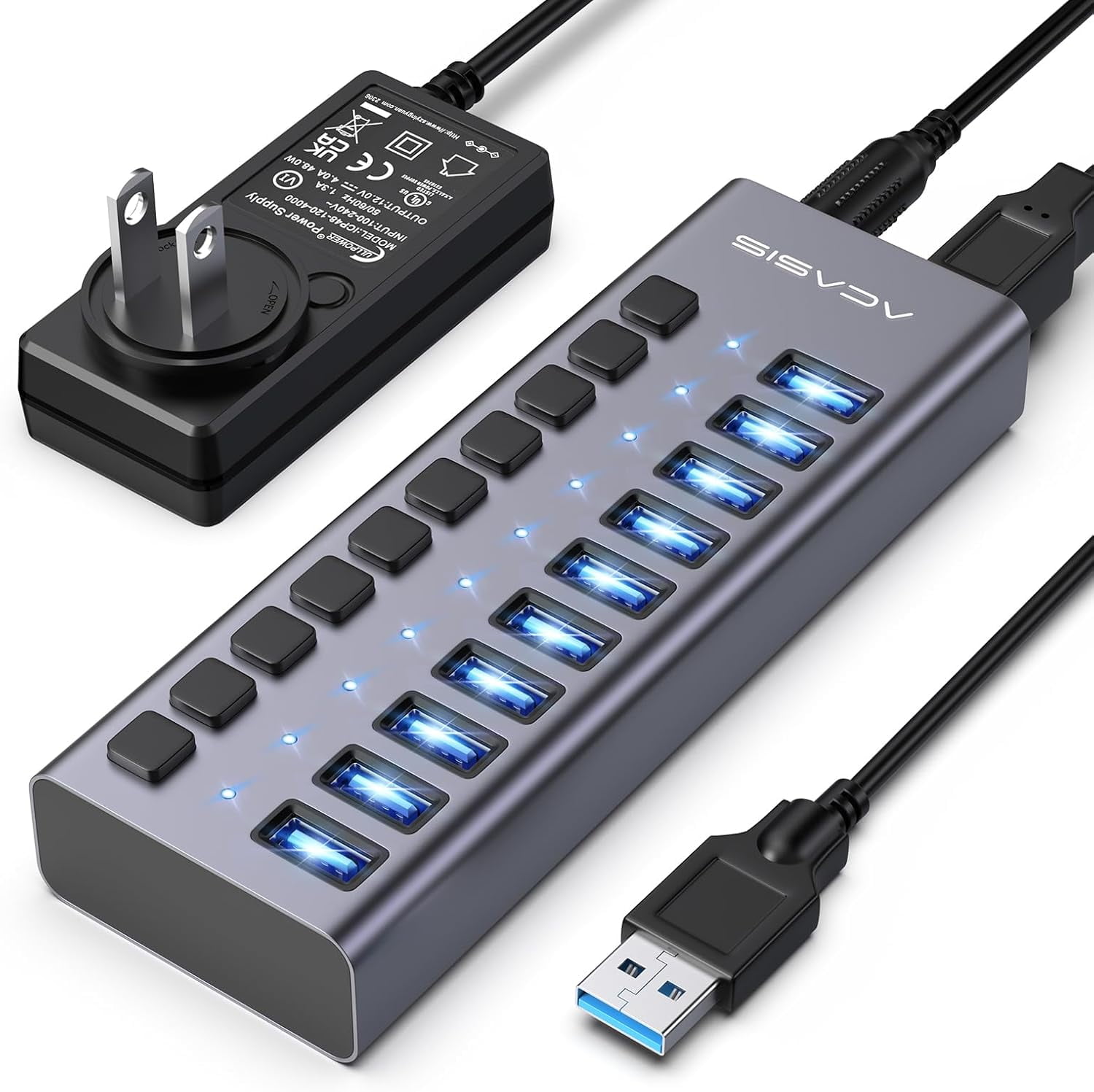 ACASIS 10-Port Powered USB 3.2 Hub 10Gbps Super Speed Hub with 48W ...