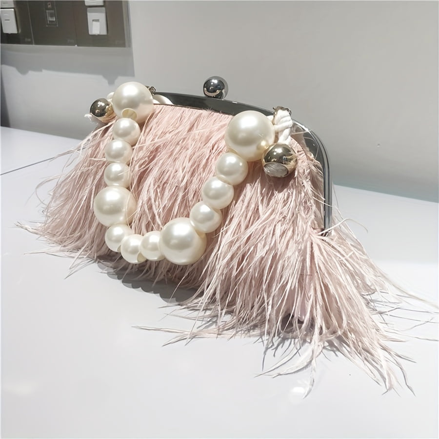 ACCE Turkey Fur Pearl Chain Cross Shoulder Bag Female Ostrich Fur Grass ...