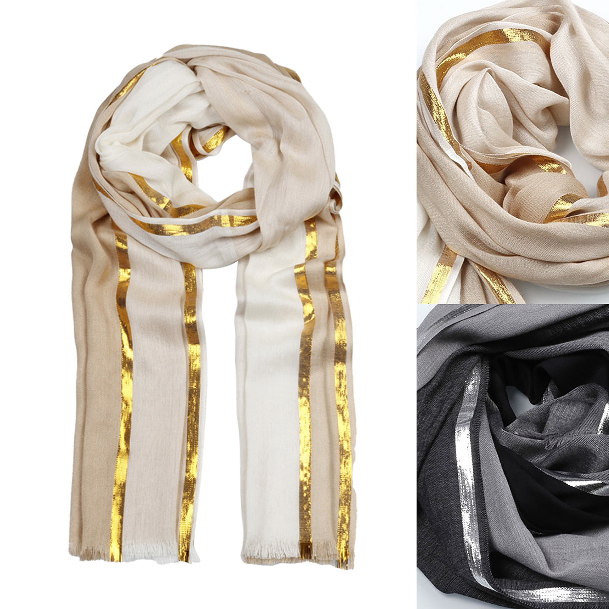 ACCEHUT Rayon Casual Scarf Solid Color Golden Silvery Stripe Raw Edge ...