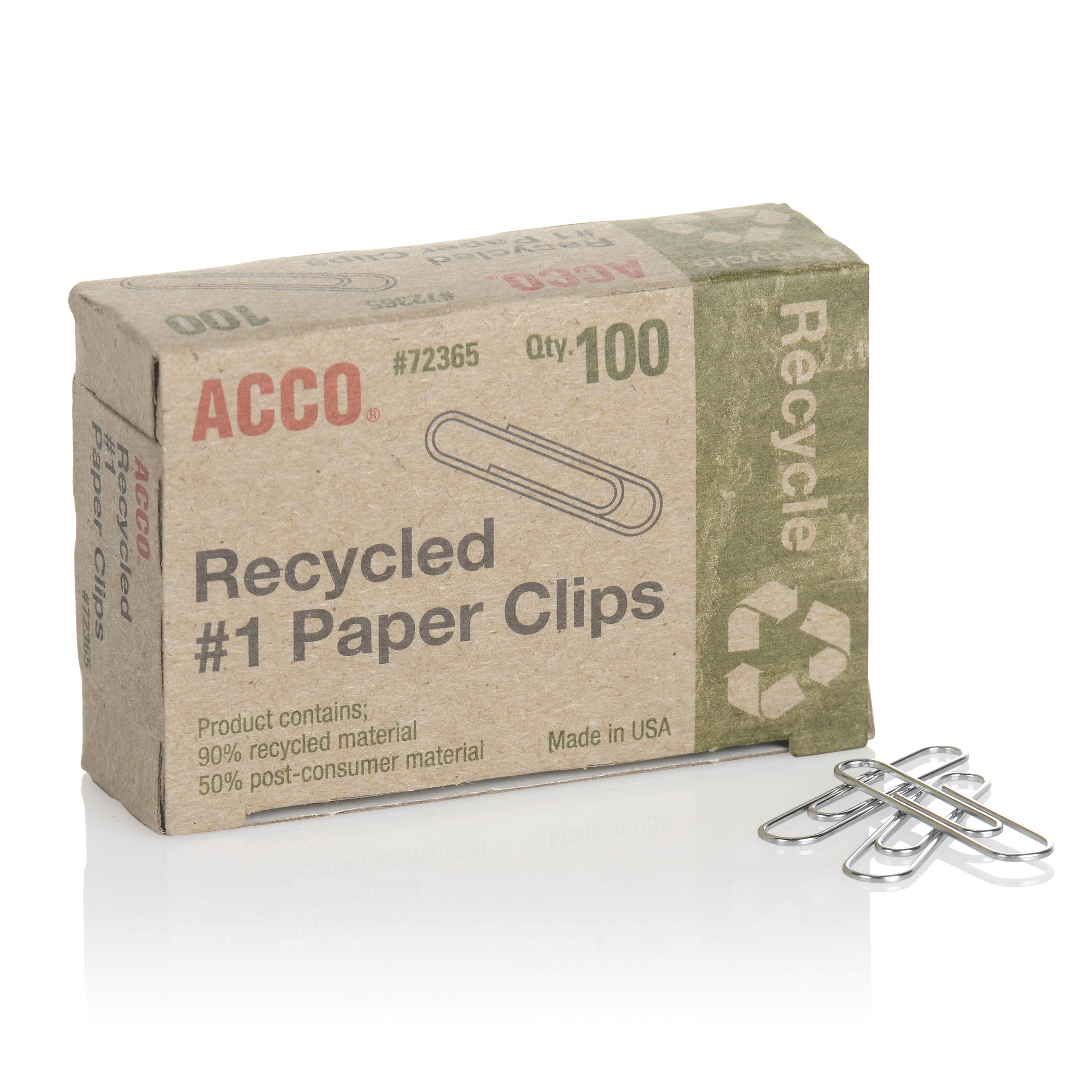 ACCO Recycled Paper Clips, Smooth Finish, #1 Size, 100/Box, Silver ...