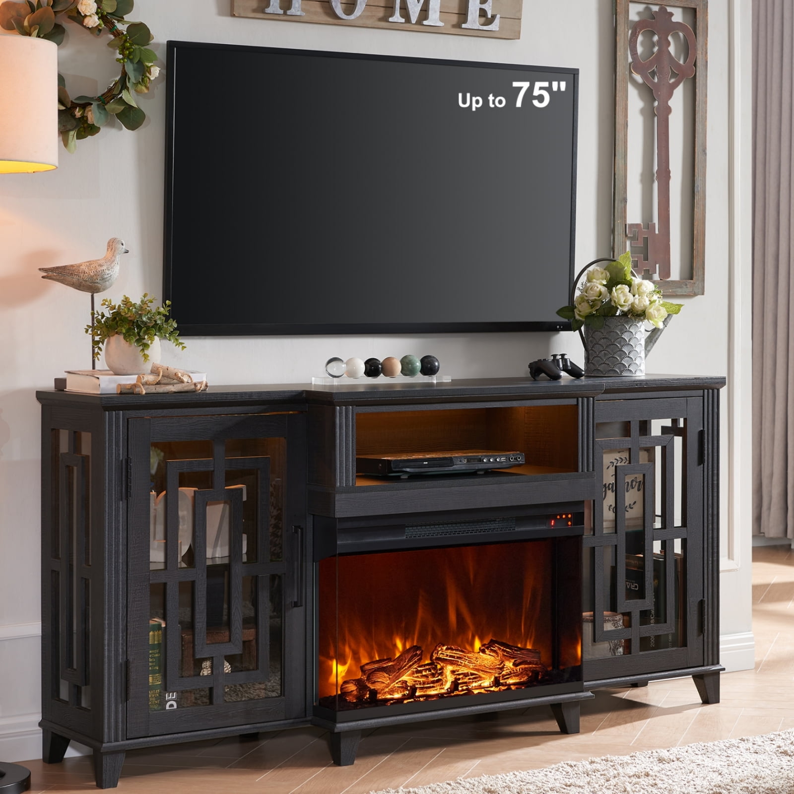 ACCOHOHO 3-Sided Glass Farmhouse Fireplace TV Stand for 75 Inch TVs ...