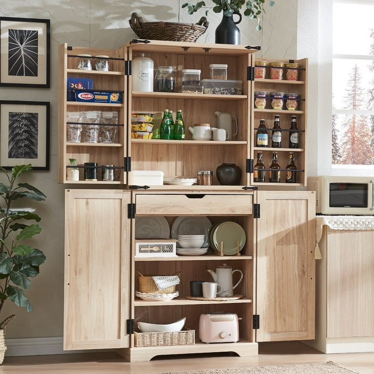 Tall oak storage cabinet with doors and shelves store