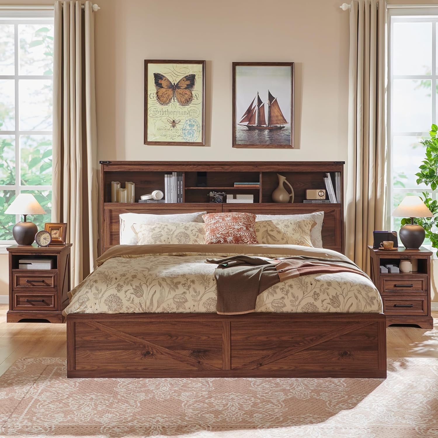 ACCOHOHO Farmhouse Full Size Bed with 4 Drawers, Wooden Shelf, LED ...