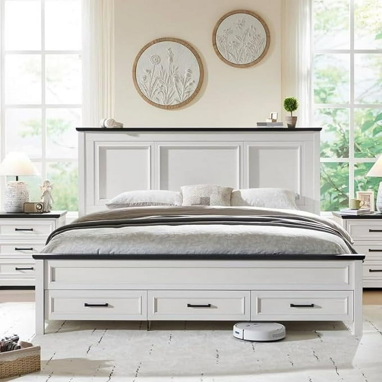 ACCOHOHO Queen Size Full Panel Vintage Wood Platform Bed with Footboard Antique White