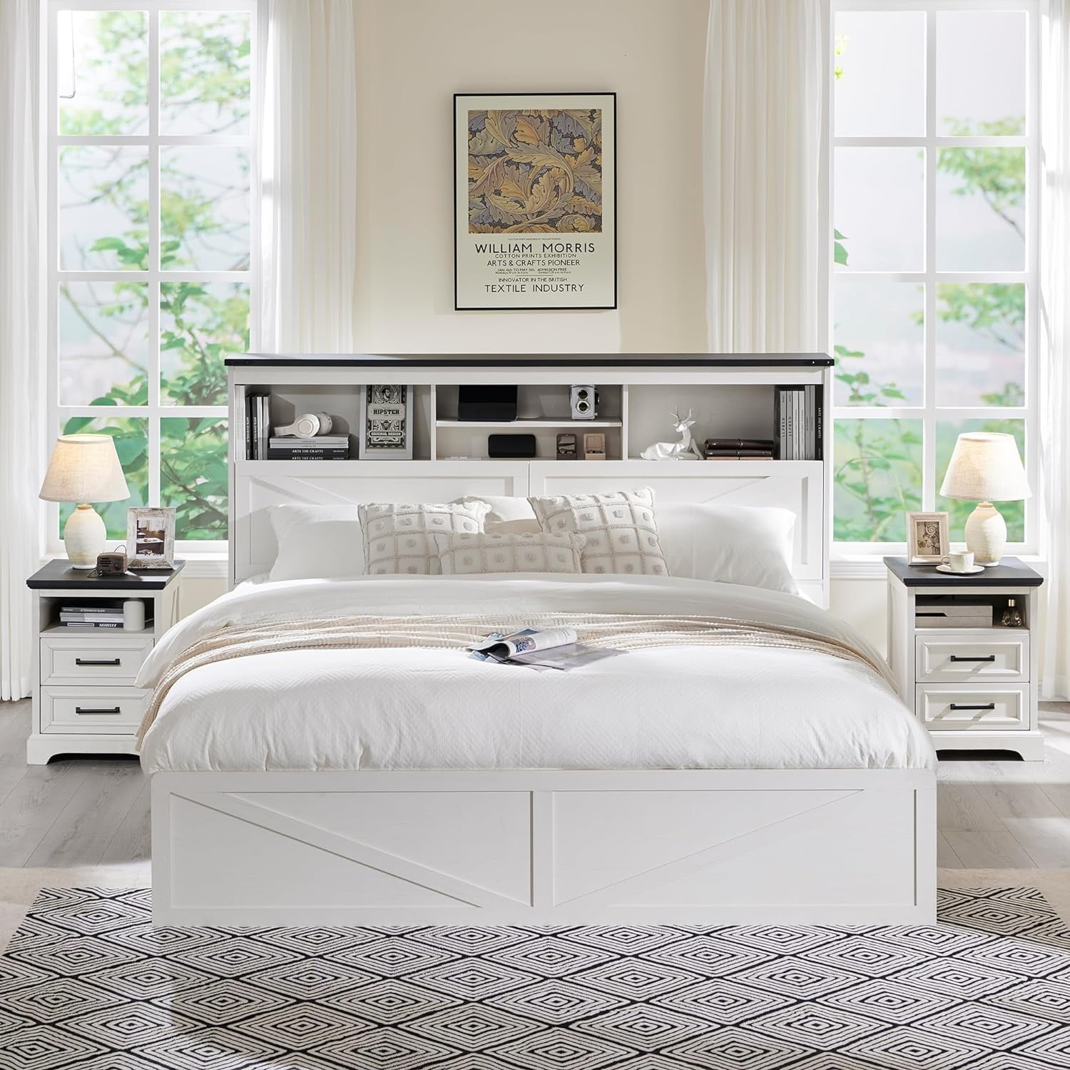 "ACCOHOHO Farmhouse Queen Bed Frame with 4 Drawers, LED Light, 52 ...