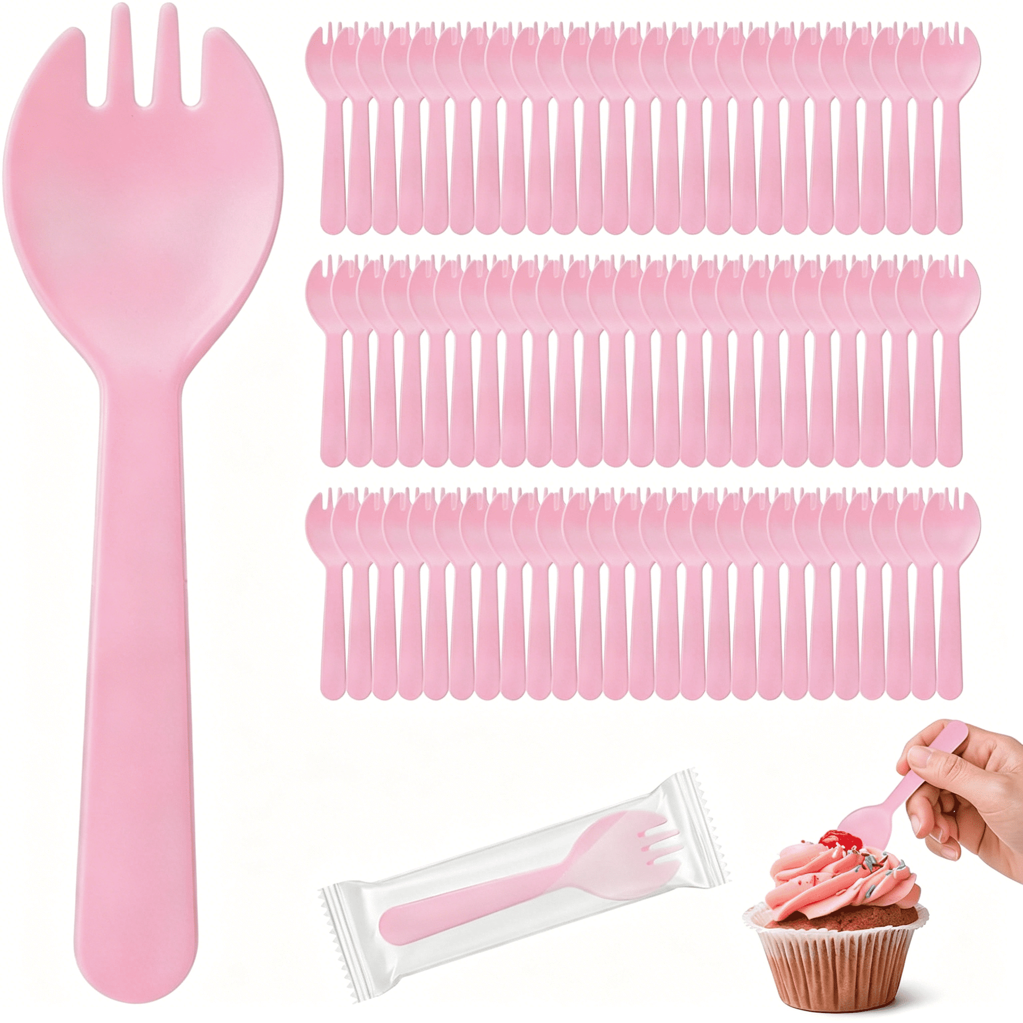 ACDANC 100Pcs Mini Pink Plastic Spork,4.2 Inch Individually Wrapped ...