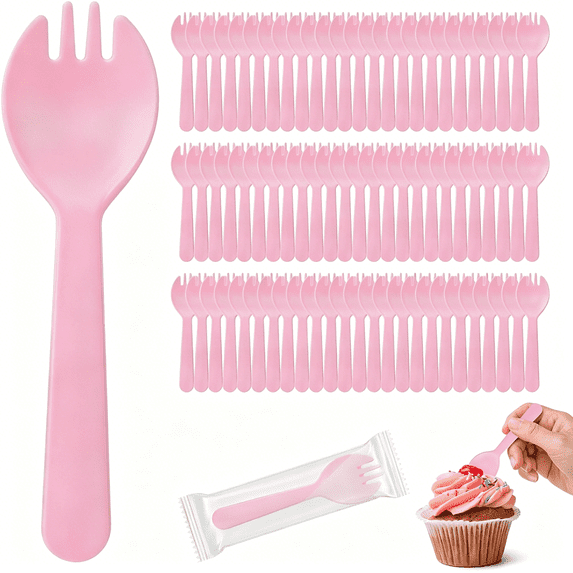 ACDANC 100Pcs Mini Pink Plastic Spork,4.2 Inch Individually Wrapped ...