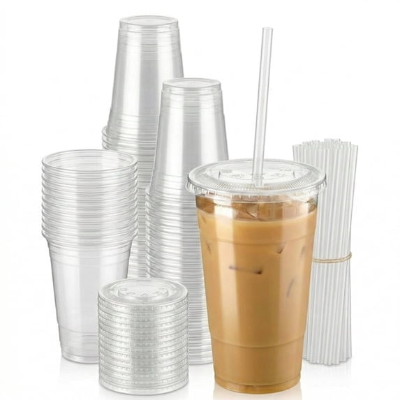 ACDANC 50pcs Plastic Cups with Lids and Straws,24 oz Disposable Coffee ...