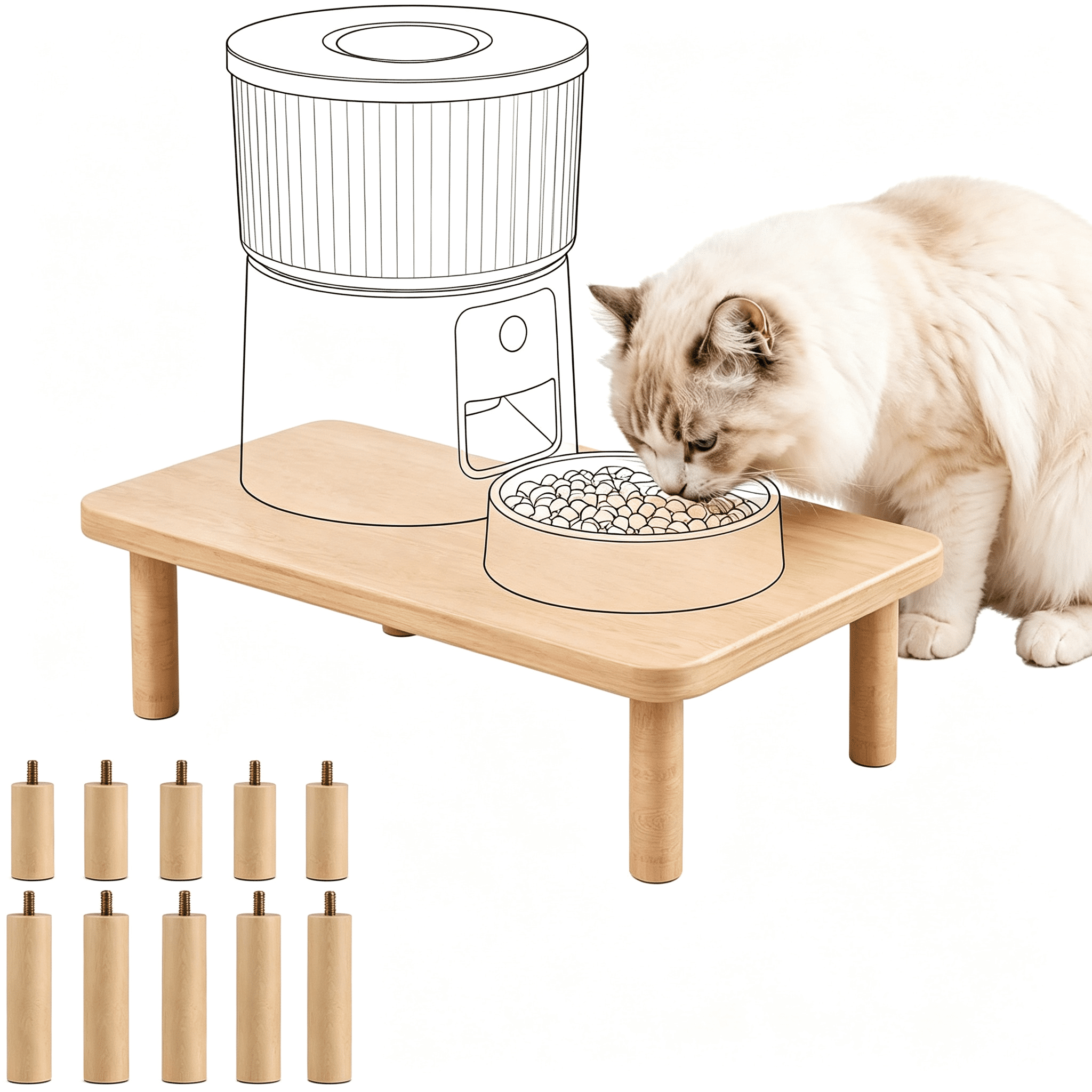 ACDANC Solid Wood Cat Feeder Stand for Automatic Feeders with 2 Sets of ...