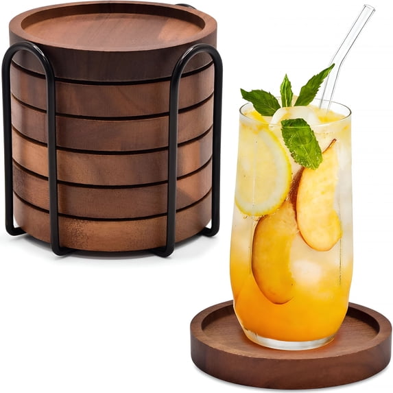 ACDANC Wood Drink Coasters with Holder,Set of 6,Natural Absorbent ...