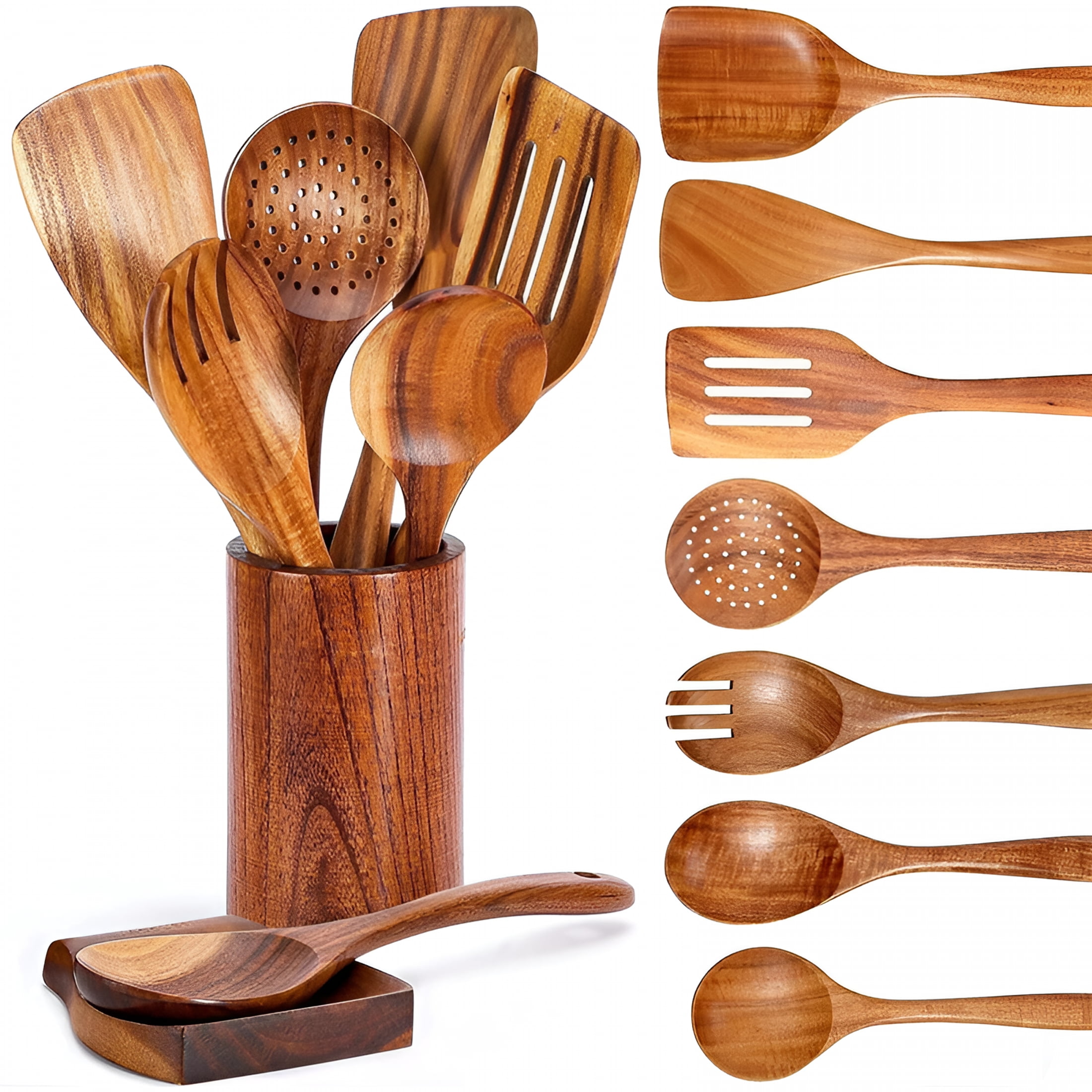 ACDANC Wooden Spoons for Cooking with Wide Utensil Heads,9 Pcs Teak ...