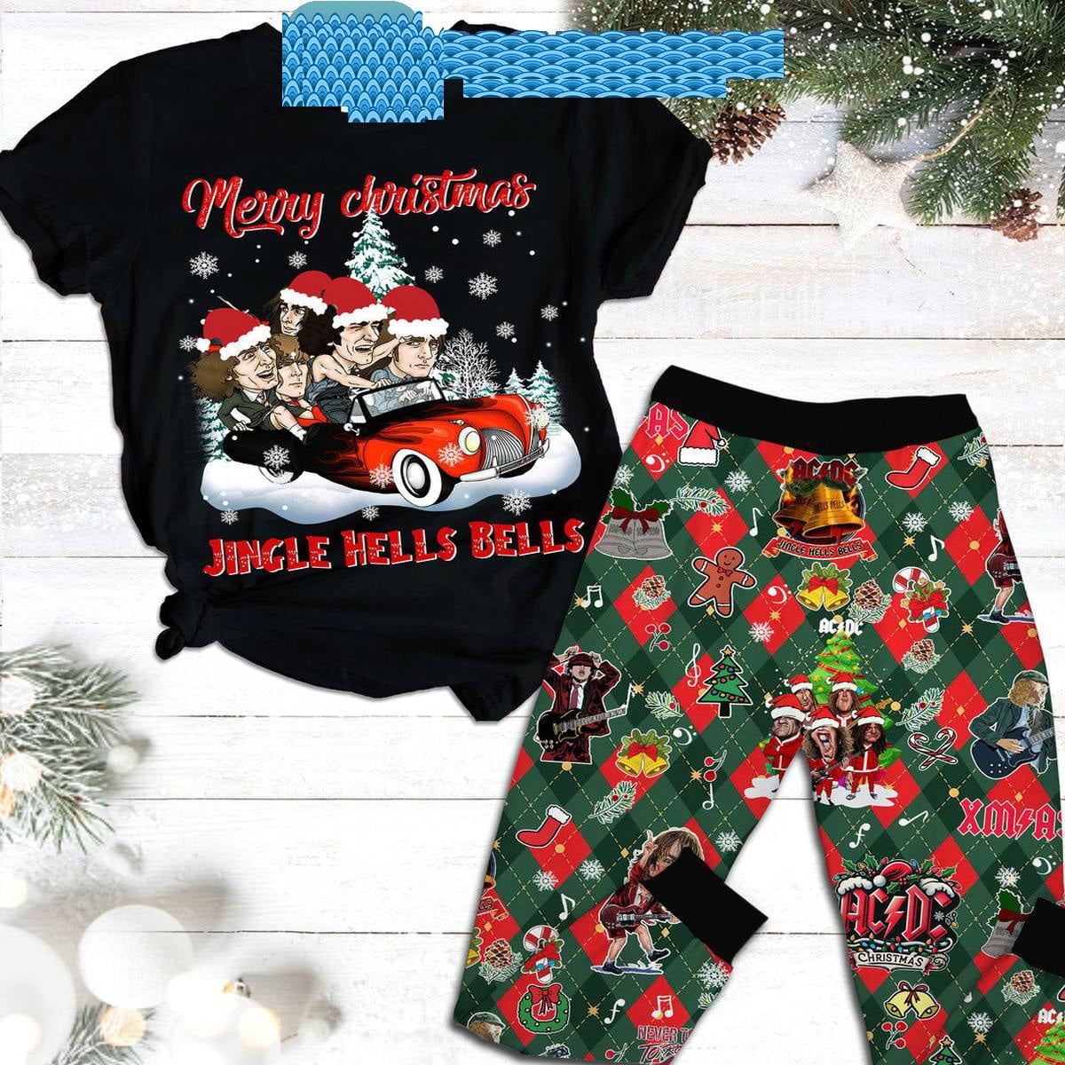ACDC Merry Christmas Jingle Hells Bells 2024 Holidays Pajamas Set Short ...