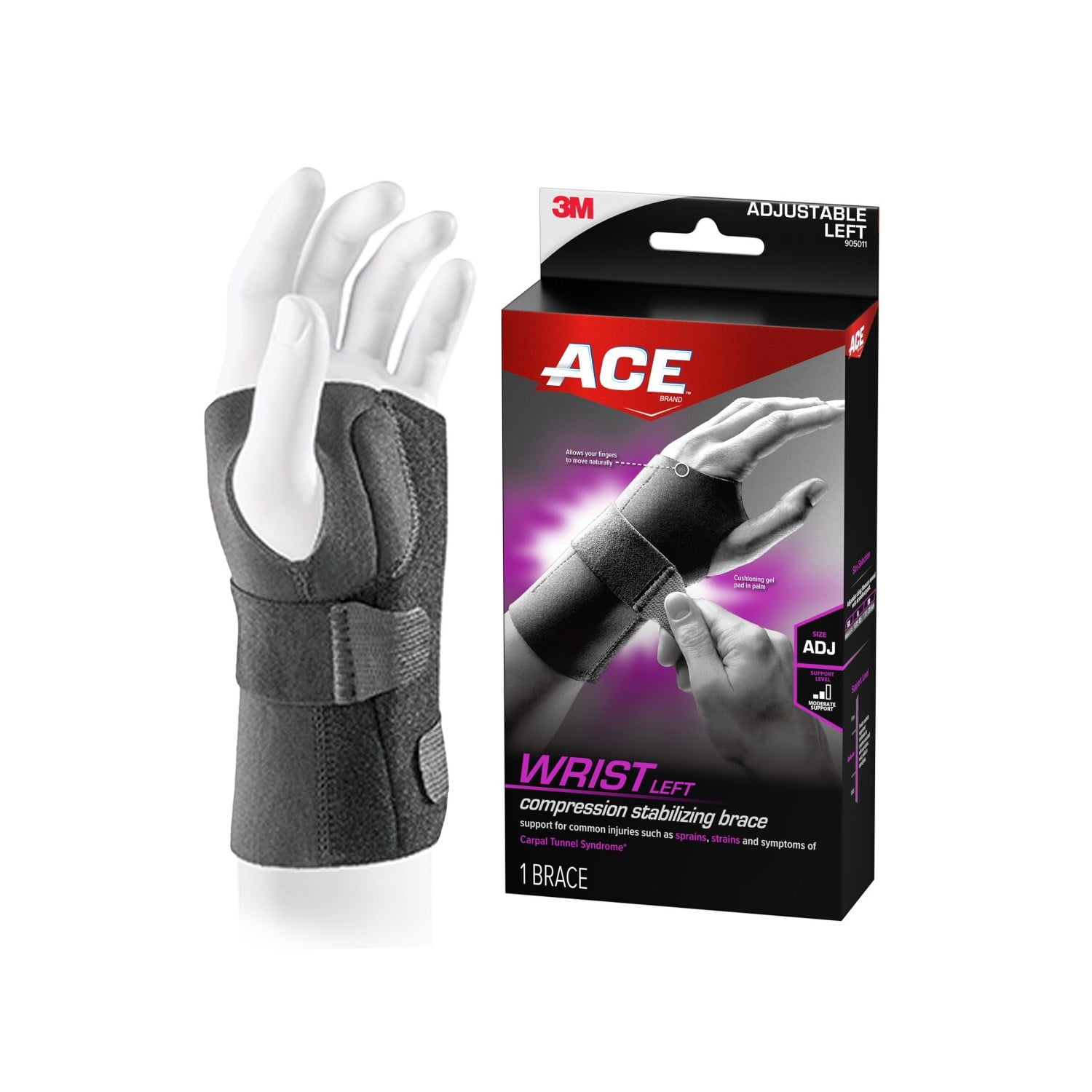 ACE Brand Compression Stabilizing Wrist Brace, Left Hand, Adjustable ...